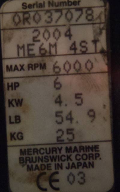 6 hp Mercury 4 stroke outboard for sale.